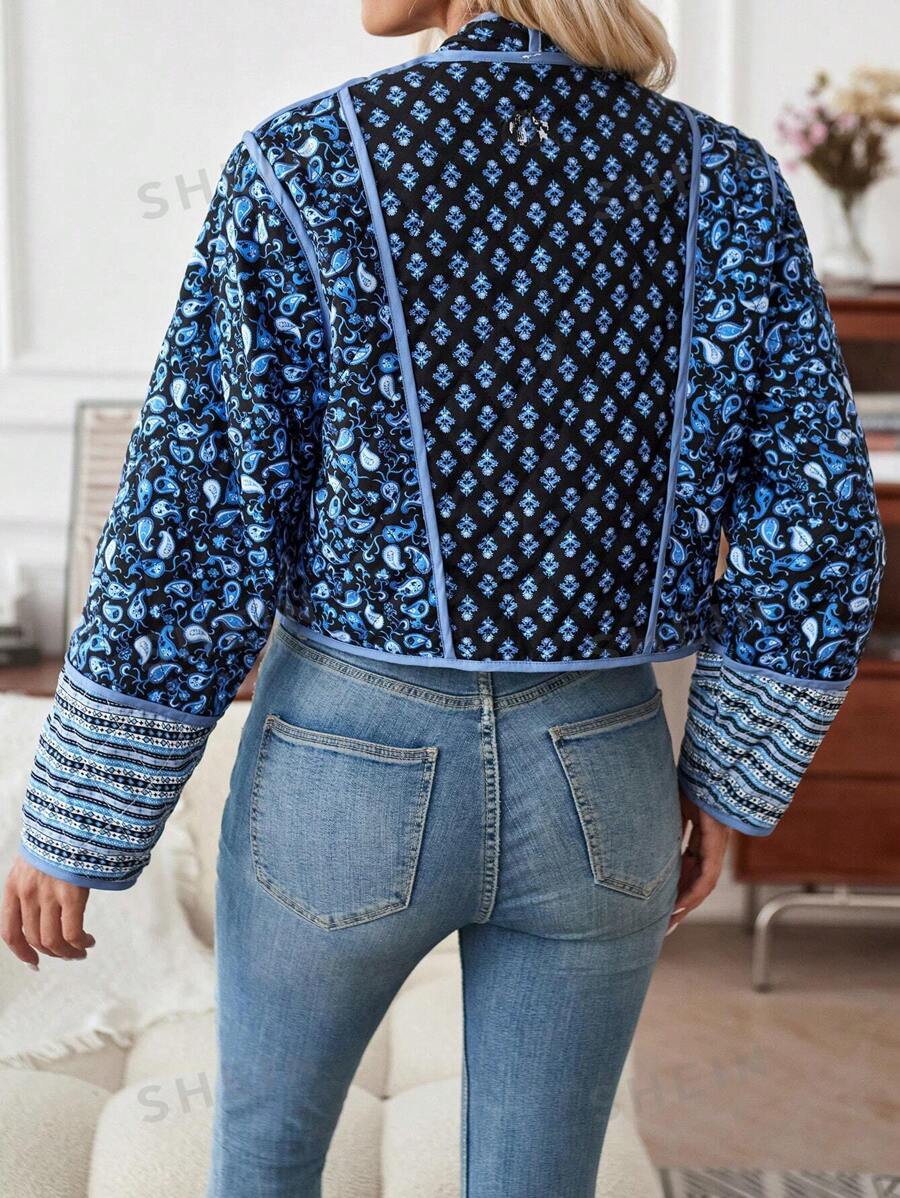 SHEIN LUNE Floral Print Reversible Open Front Winter Coat | SHEIN UK