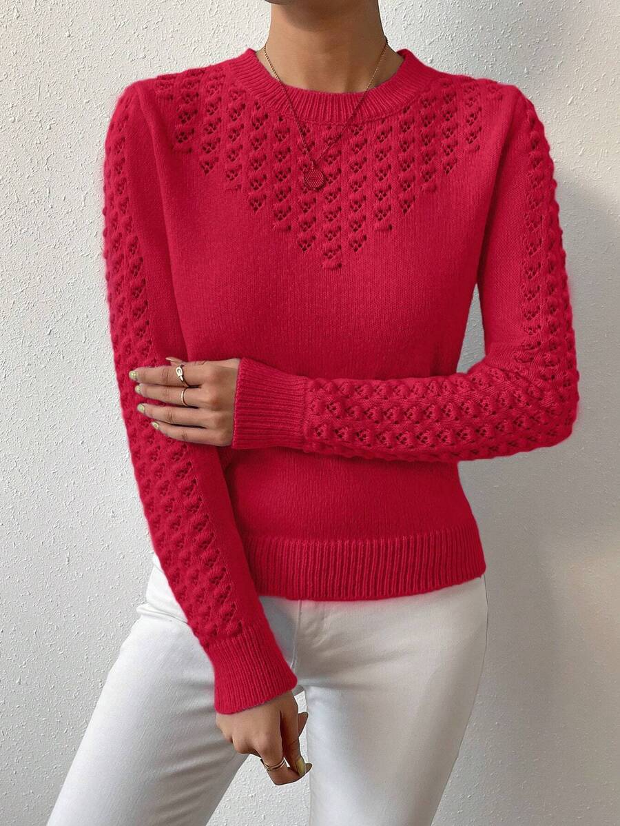 EMERY ROSE Solid Pointelle Knit Sweater For New Year Clothes Knit Pullover Fall Winter Outfit ...