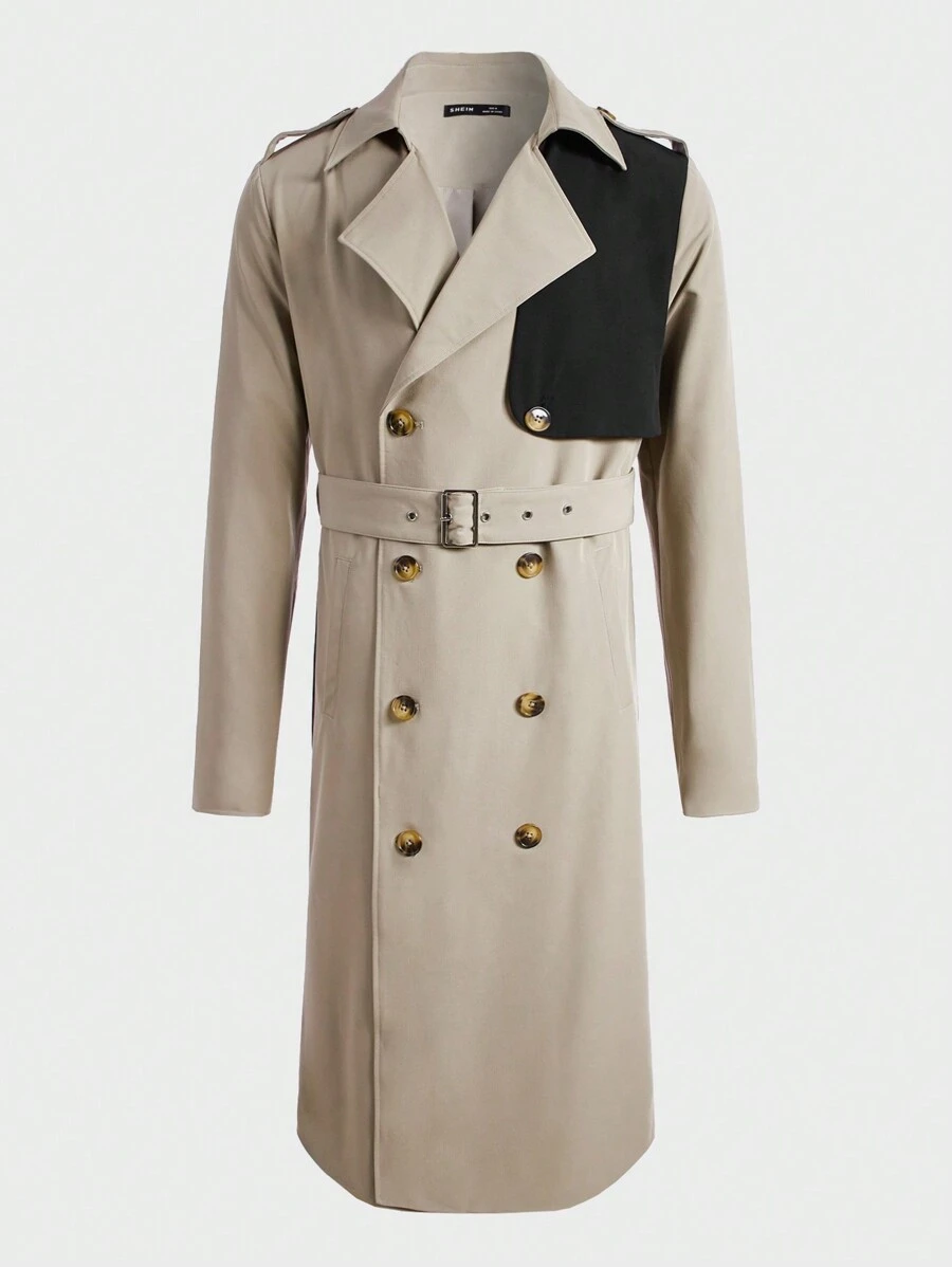 Manfinity NiteLyfe Loose Fit Colorblock Double Breasted Belted Men Trench Coat | SHEIN USA