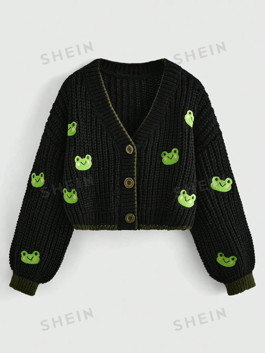 ROMWE Kawaii Frog Embroidery Drop Shoulder Cardigan | SHEIN UK