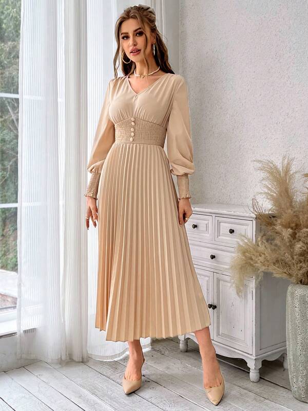 SHEIN Privé Solid Pleated Hem A-Line Dress | SHEIN USA