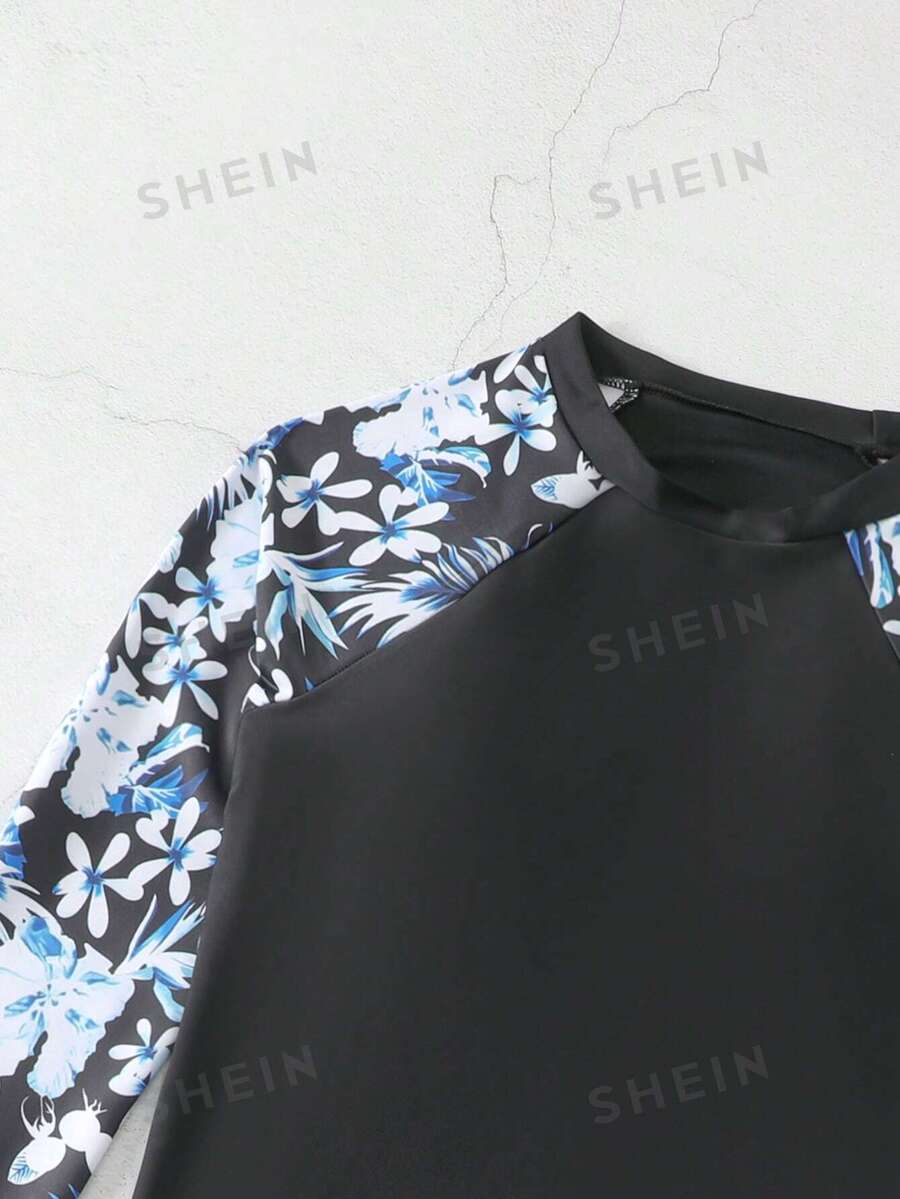 SHEIN Swim Summer Beach Tropical Print Raglan Sleeve Rashguard | SHEIN USA