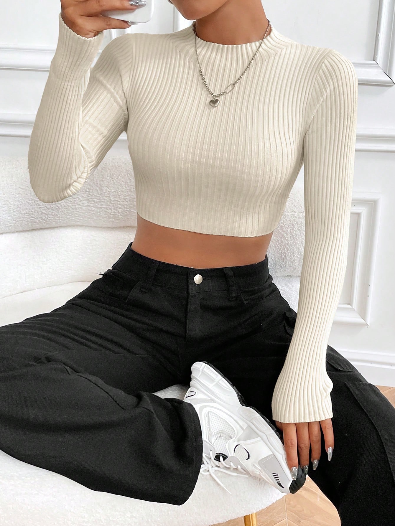 Mock Neck Ribbed Knit Crop Sweater | SHEIN USA