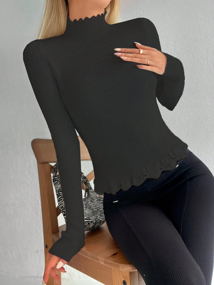 EURMUSE Mock Neck Scallop Trim Ribbed Knit Sweater | SHEIN USA