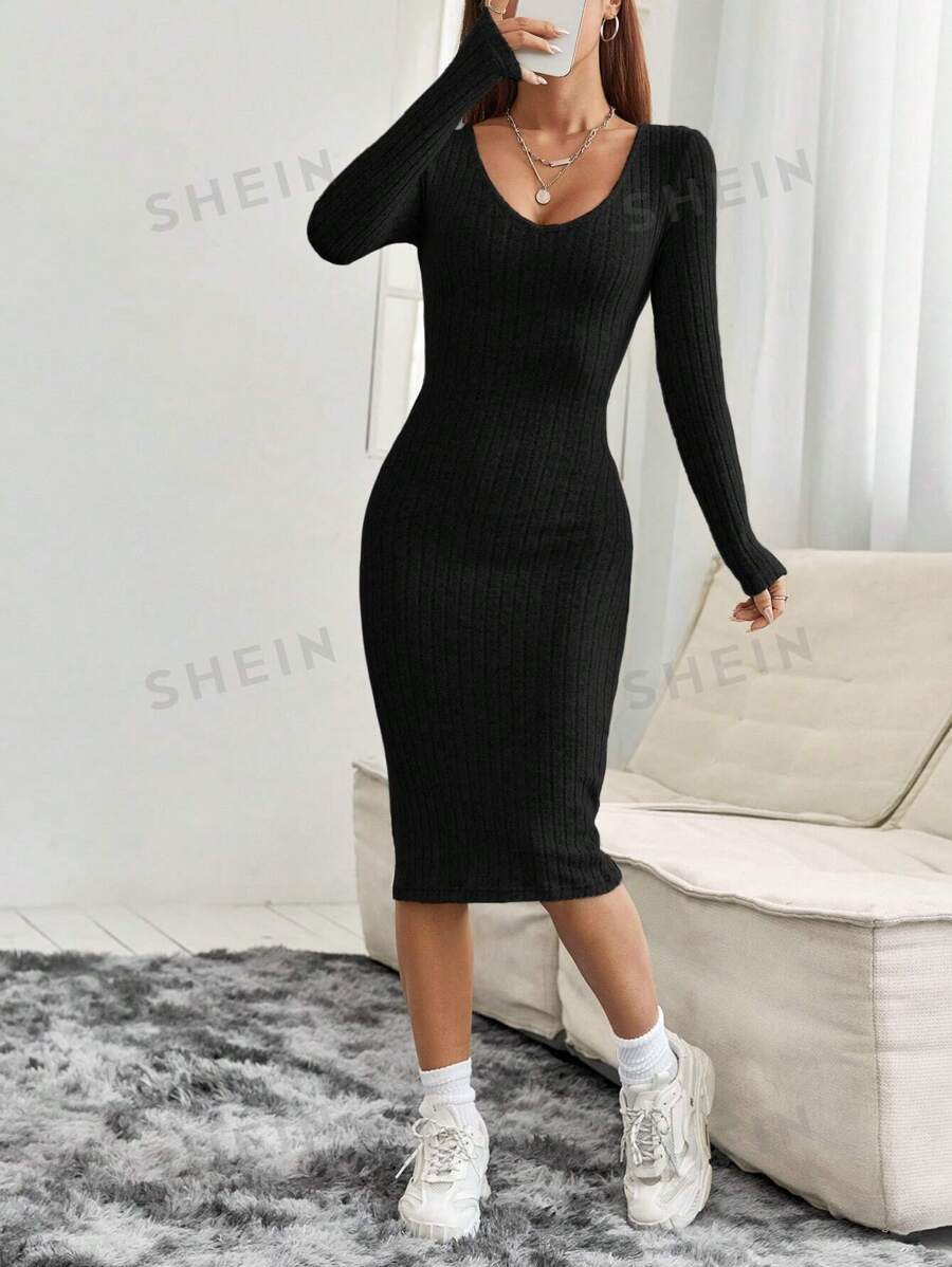 SHEIN PETITE Solid Ribbed Knit Bodycon Spring Women Dress | SHEIN UK