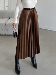 SHEIN High Waist Pleated PU Leather Skirt Without Belt | SHEIN USA