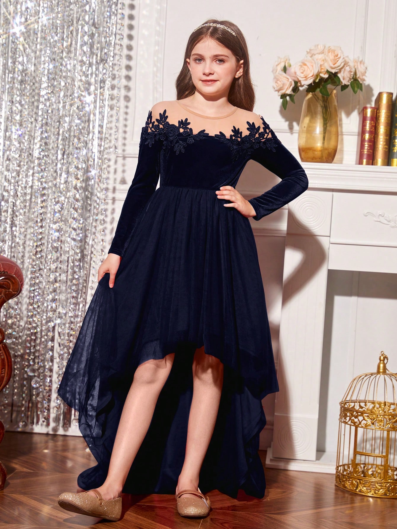 SHEIN Tween Girl Off Shoulder Appliques High Low Hem Velvet Party Dress ...