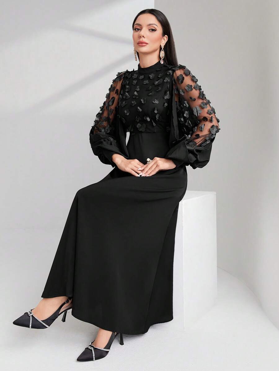 Modelyn Contrast Mesh Appliques Flare sleeve Dress | SHEIN USA