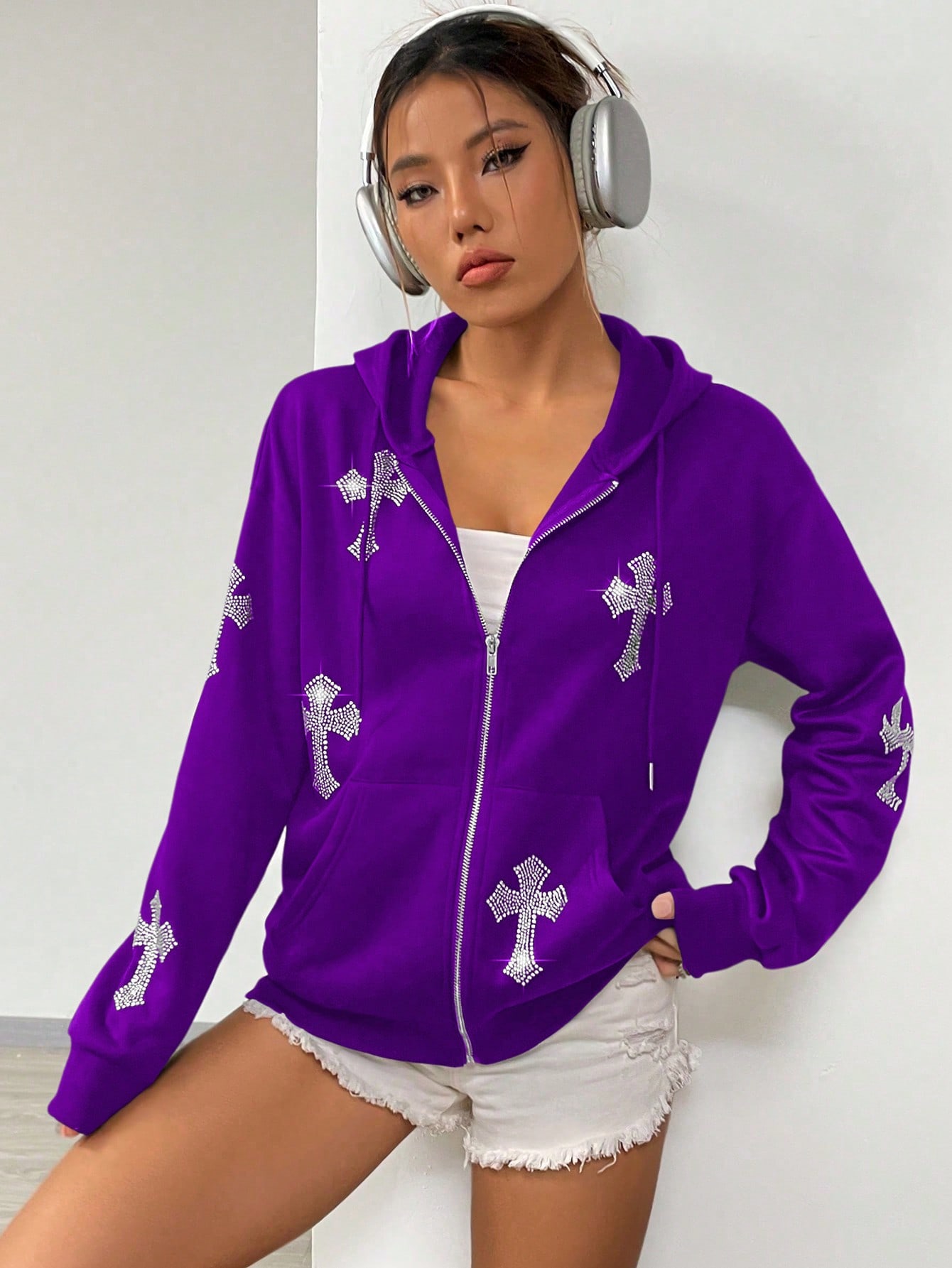 Shein Coolane Rhinestone Cross Graphic Drop Shoulder Drawstring Zipper