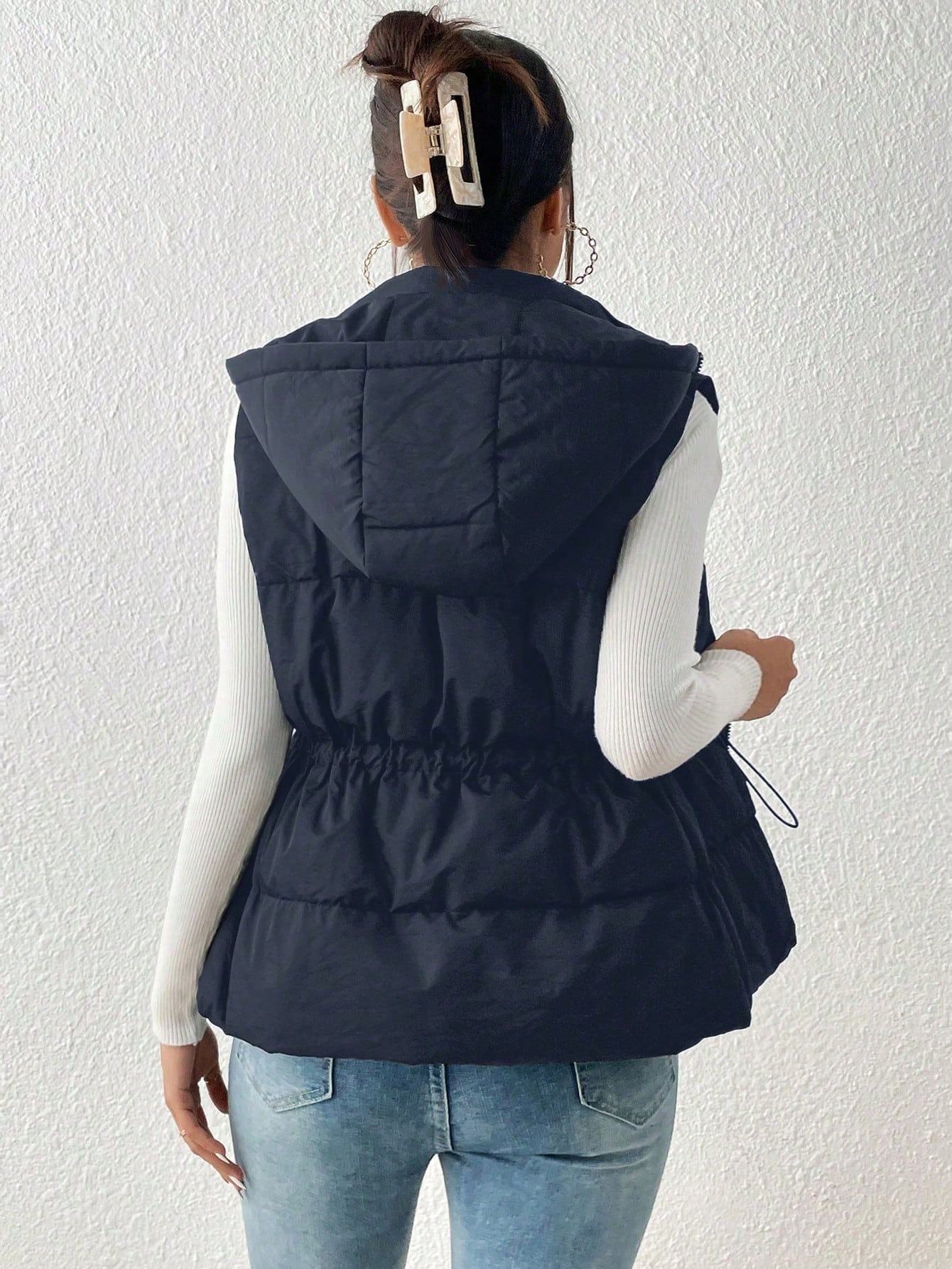 SHEIN Frenchy Drawstring Waist Zipper Hooded Vest Puffer Coat | SHEIN USA