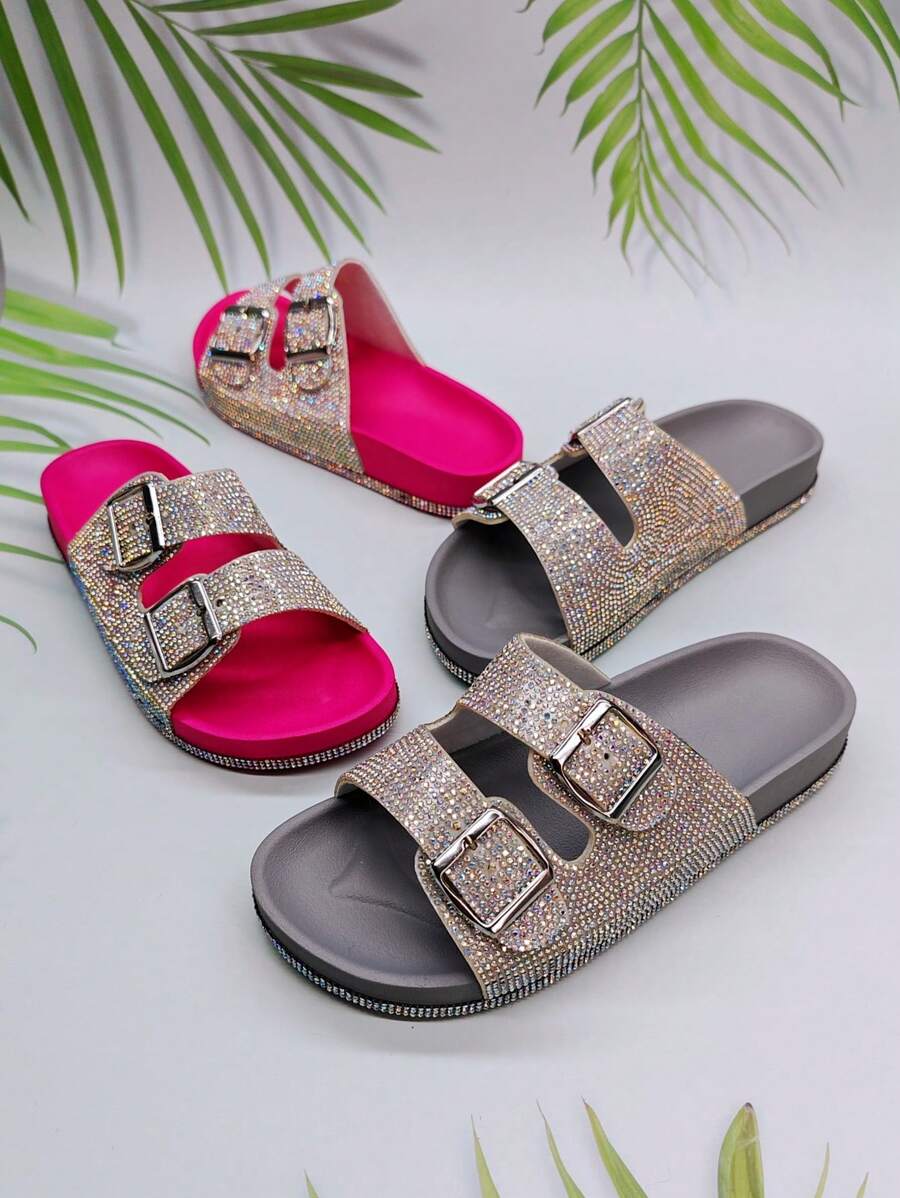roulvxiang Women Glitter Buckle Decor Slides, Sequins Glamorous Slides ...