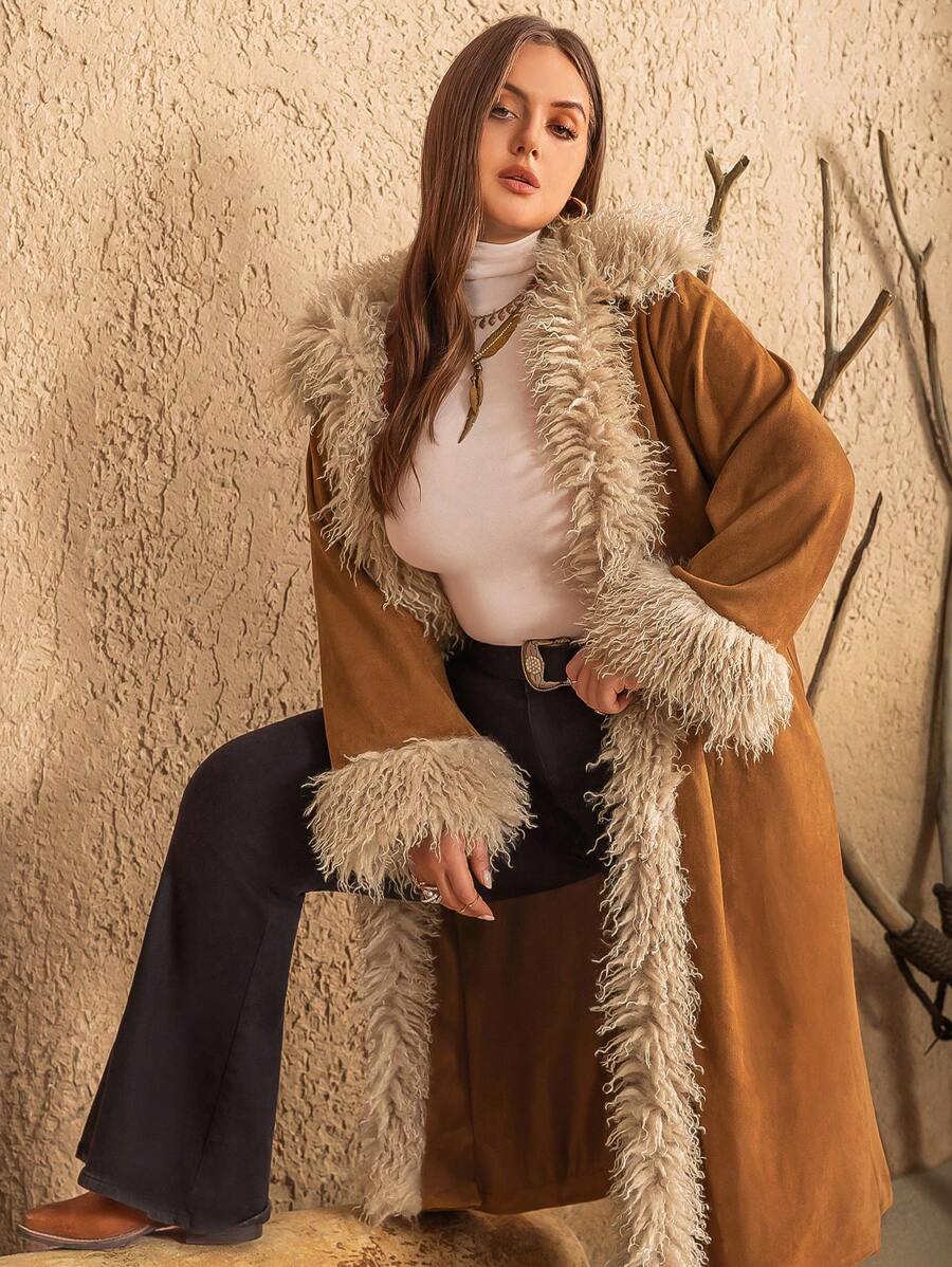Rusttydustty Bohemian Brown Soft Fluffy Plus Size Coat, Warm For Fall ...