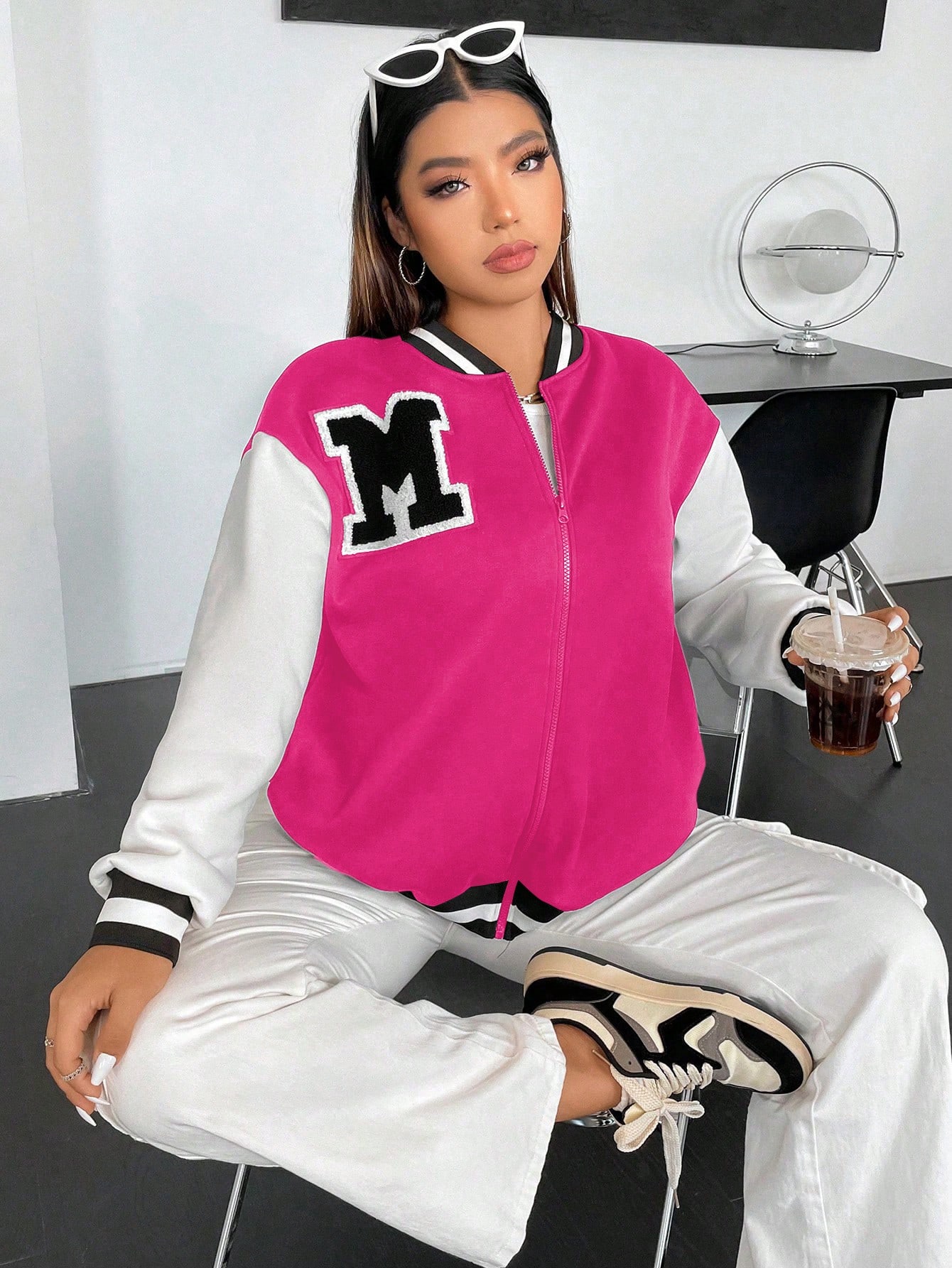 Plus Letter Flocking Striped Trim Drop Shoulder Two Tone Bomber Jacket ...