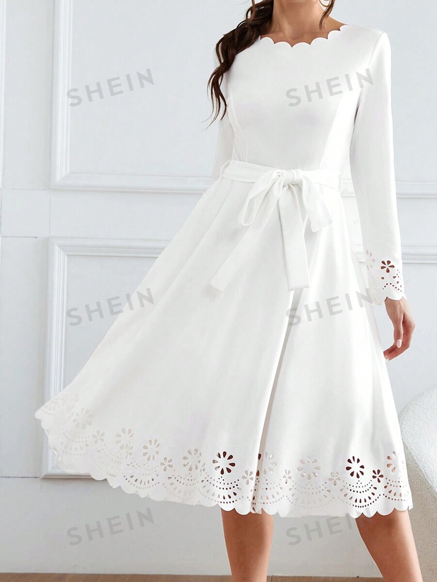 SHEIN Clasi Laser Cut Out Scallop Trim Belted Dress Church Dress ...