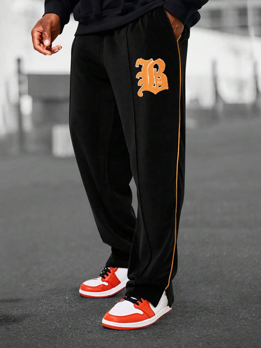 Manfinity EMRG Loose Men's Letter Flocking Sweatpants With Contrast Piping And Split Hem ...