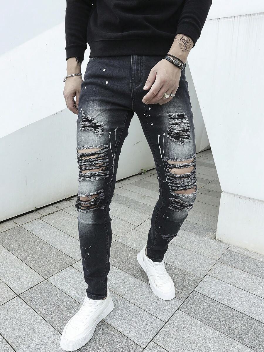 Manfinity Men Splash Ink Print Ripped Skinny Jeans | SHEIN USA