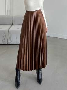 SHEIN High Waist Pleated PU Leather Skirt Without Belt | SHEIN USA