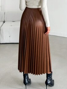 SHEIN High Waist Pleated PU Leather Skirt Without Belt | SHEIN USA