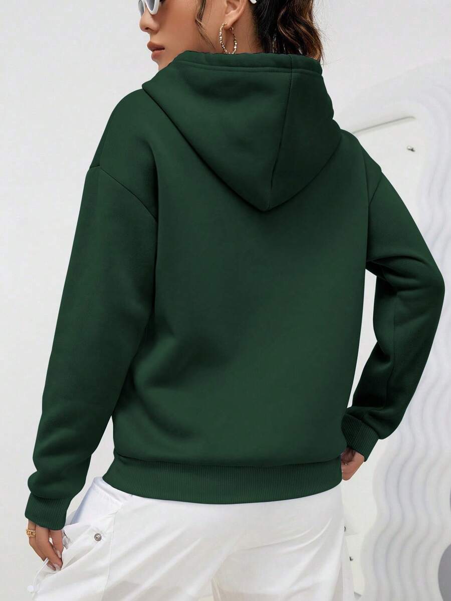 Shein Ezwear Letter Graphic Kangaroo Pocket Drop Shoulder Drawstring