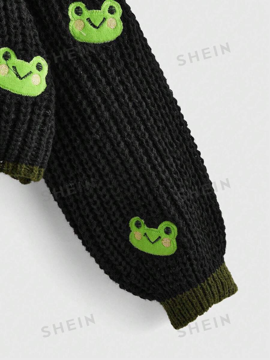 ROMWE Kawaii Frog Embroidery Drop Shoulder Cardigan | SHEIN UK