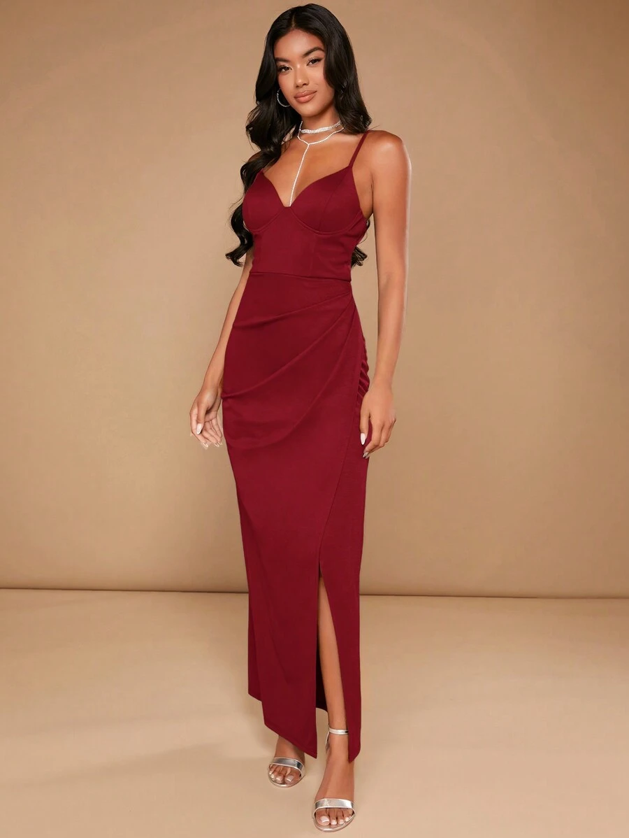 SHEIN Belle Burgundy Red Solid Cami Cocktail Dress, Wedding Guest Dress ...