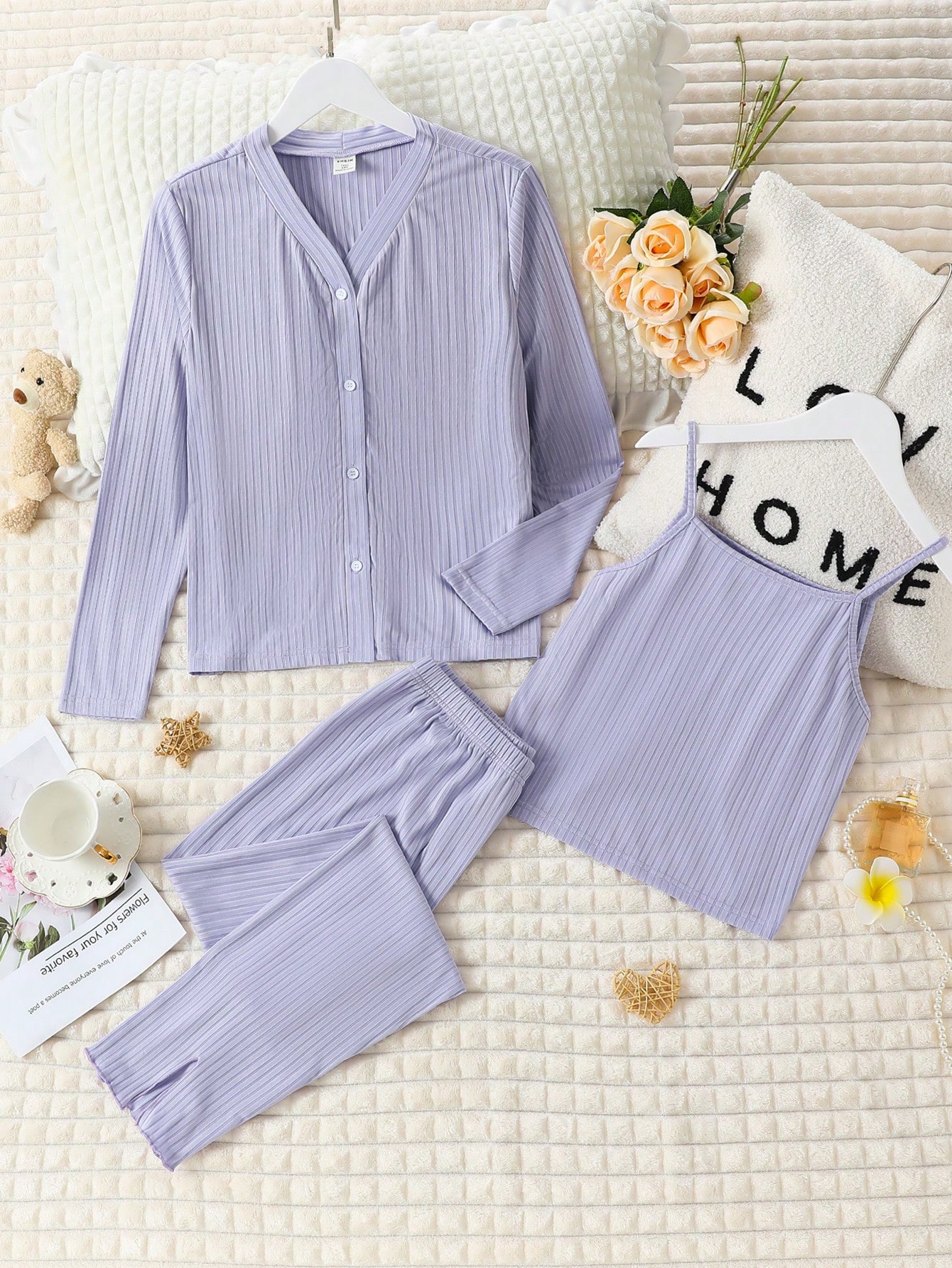 Tween Girl Solid Ribbed Knit PJ Set | SHEIN