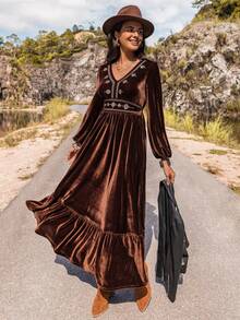 Rusttydustty Floral Embroidery Lantern Sleeve Ruffle Hem Dress | SHEIN USA