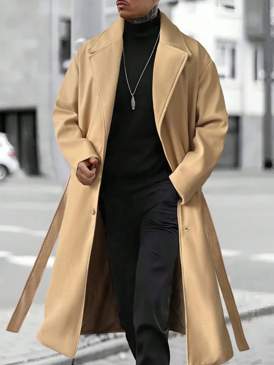Manfinity Homme Loose Men's Lapel Collar Slant Pocket Belted Overcoat ...