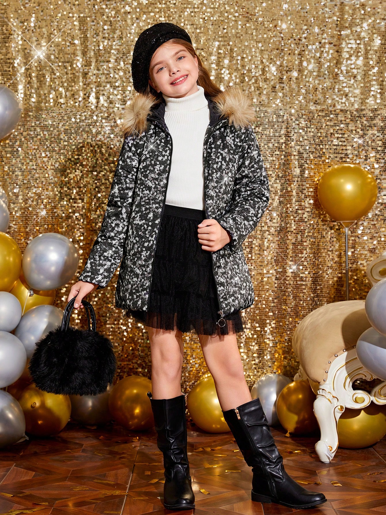 SHEIN Tween Girl Fuzzy Trim Hooded Sequin Effect Puffer Coat | SHEIN USA