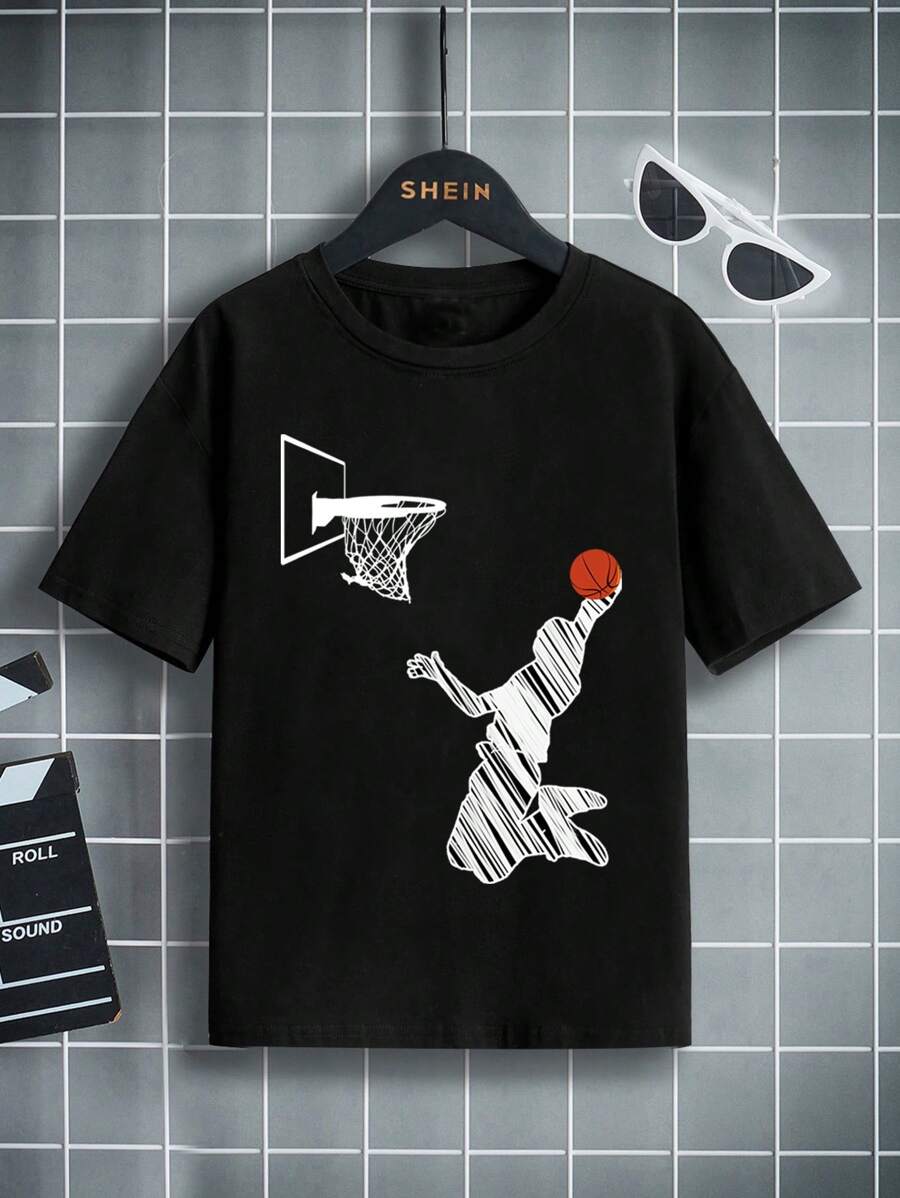SHEIN Tween Boy Summer Casual Loose Fit Basketball & Portrait Patterned ...