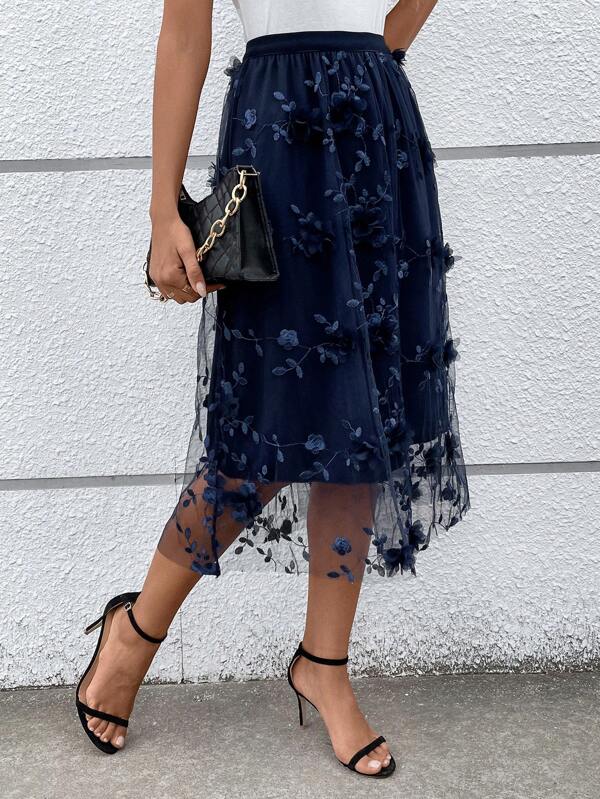 Shein Vcay Floral Embroidery Mesh Overlay Skirt Shein Usa