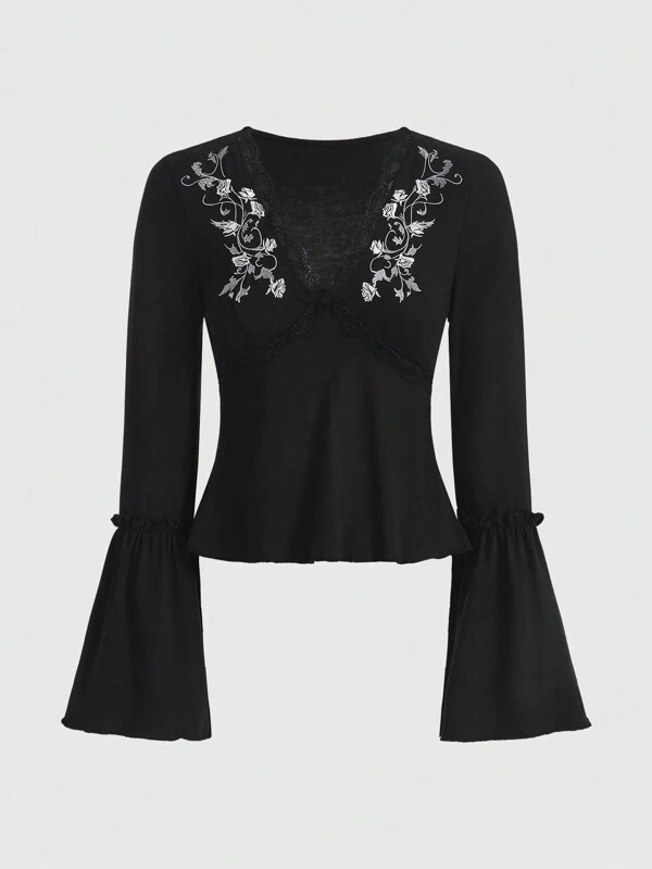 Romwe Goth Flower Embroidery Bell Sleeve T Shirt Shein Uk