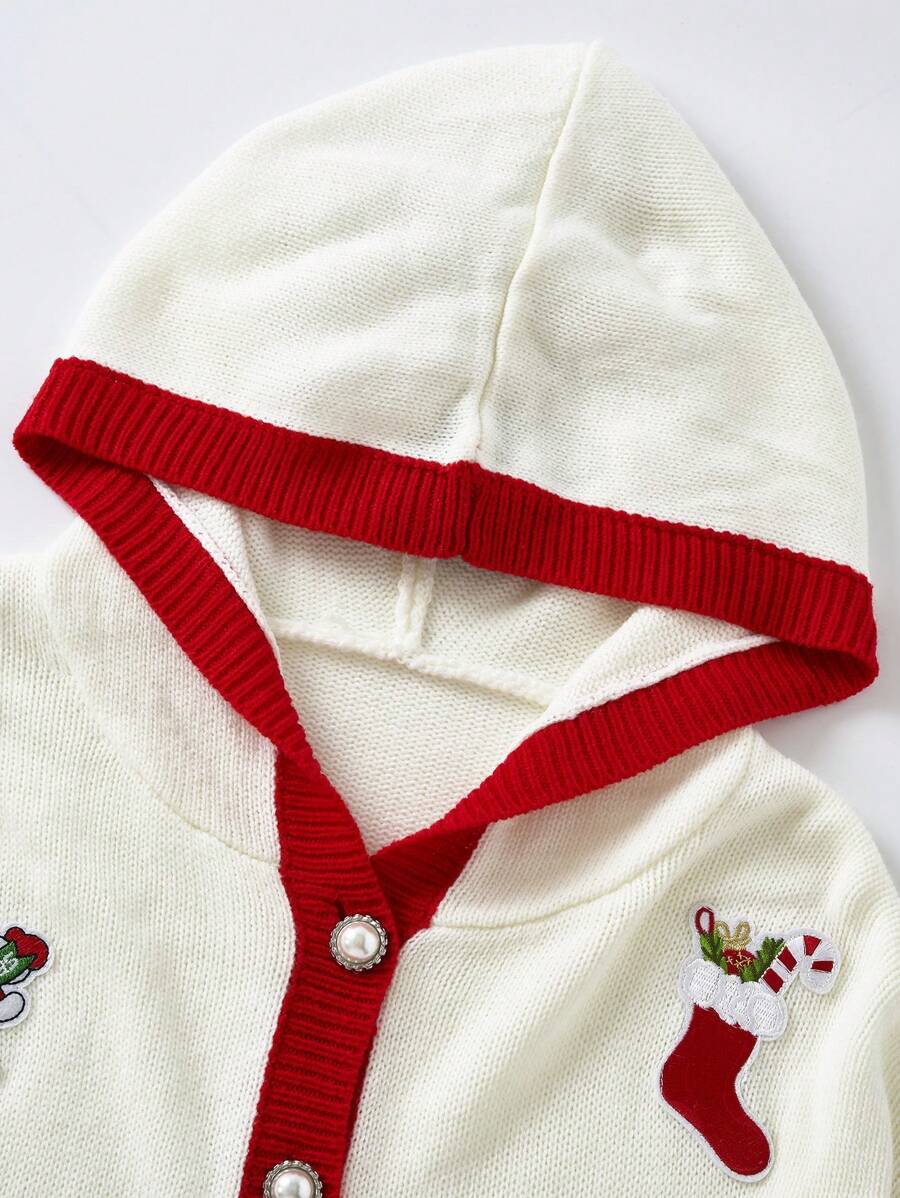 Shein Qutie Christmas Pattern Contrast Trim Drop Shoulder Cardigan