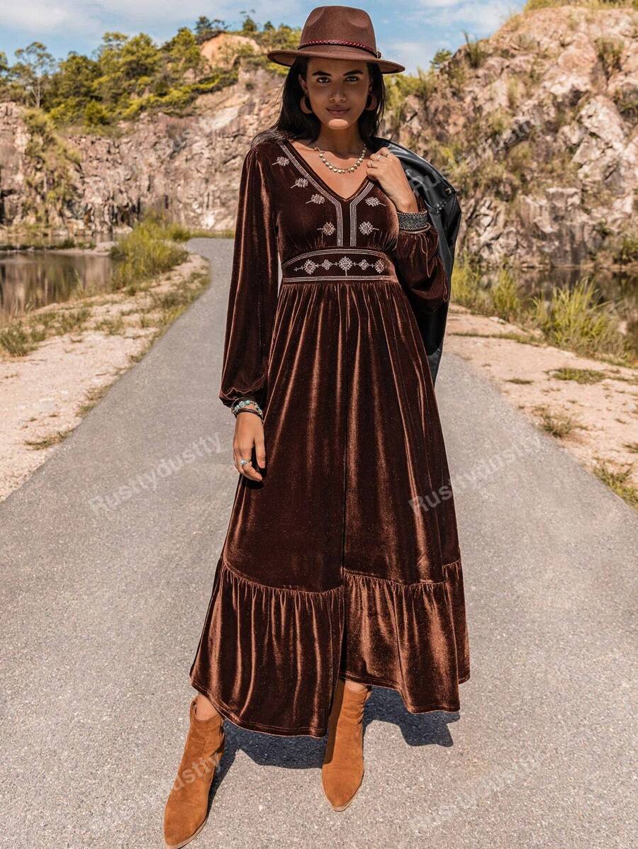 Rusttydustty Floral Embroidery Lantern Sleeve Ruffle Hem Dress | SHEIN USA