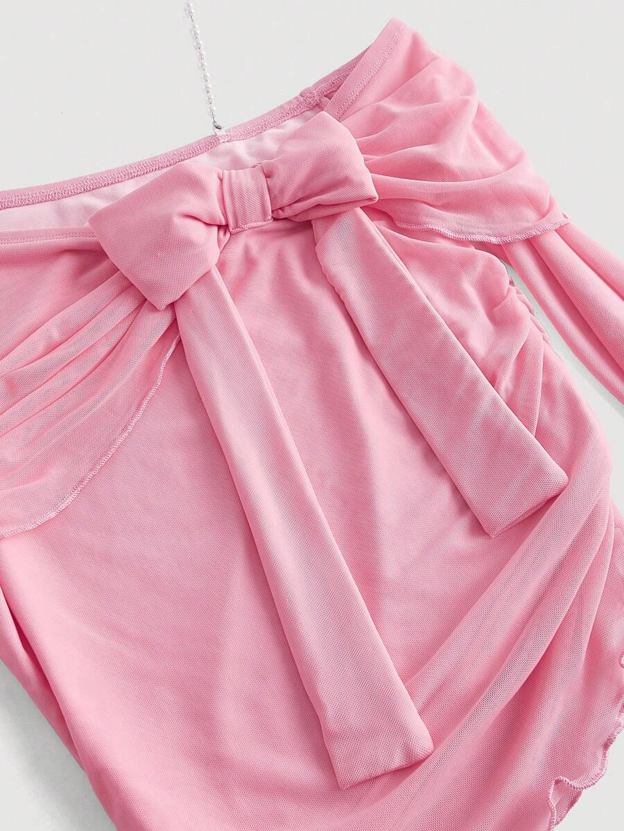 Shein Mod Asymmetrical Neck Bow Front Lettuce Trim Pearls Detail Tee