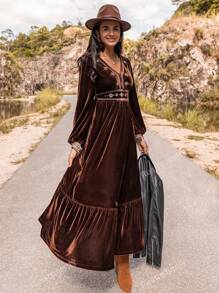 Rusttydustty Floral Embroidery Lantern Sleeve Ruffle Hem Dress | SHEIN USA