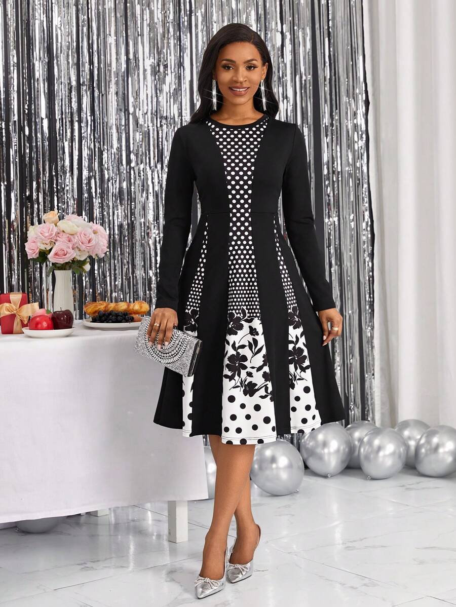 SHEIN Lady Polka Dot & Floral Print Dress Dress For Churches | SHEIN USA