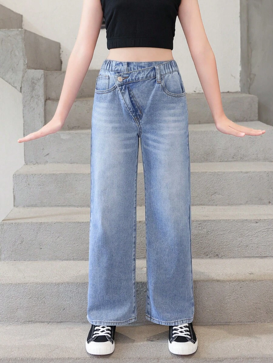 Tween Girl Overlap Waist Straight Leg Jeans | SHEIN USA