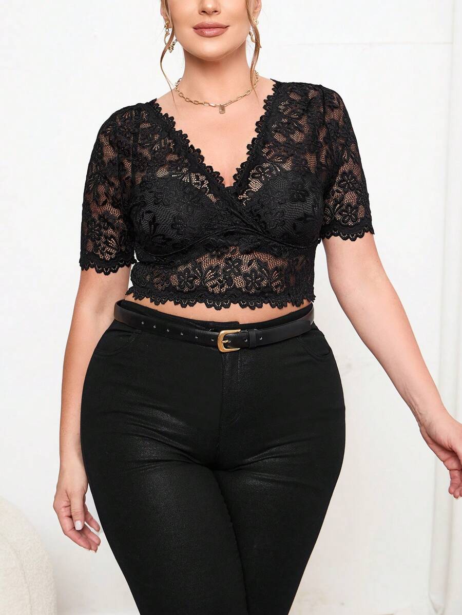 SHEIN Privé Plus Floral Lace Crop Top Cropped Plus Sizeblack Lace ...