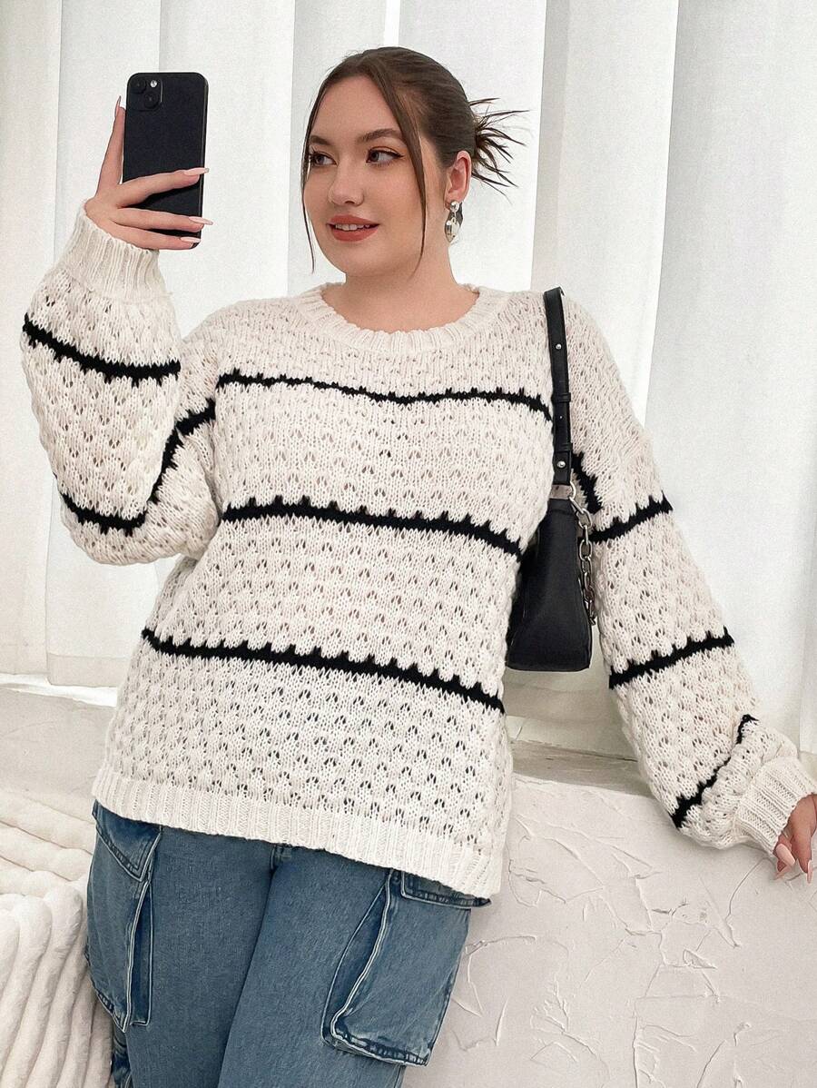 Flirla Plus Striped Pattern Drop Shoulder Pointelle Knit Sweater Knit ...