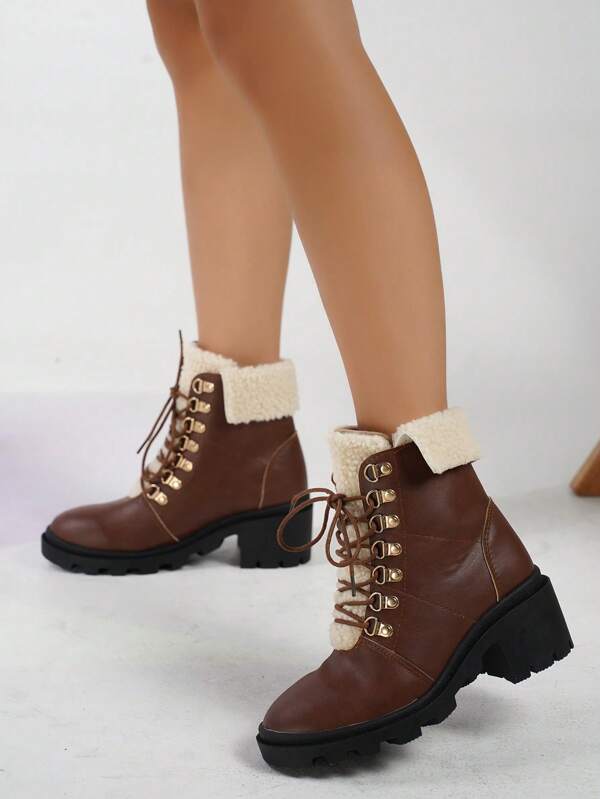 Women's Ankle Boots With Chunky Heels, Colorful Shoelaces, Round Toe ...