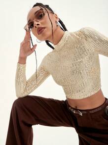 SHEIN BAE Mock Neck Sequin Crop Top | SHEIN USA