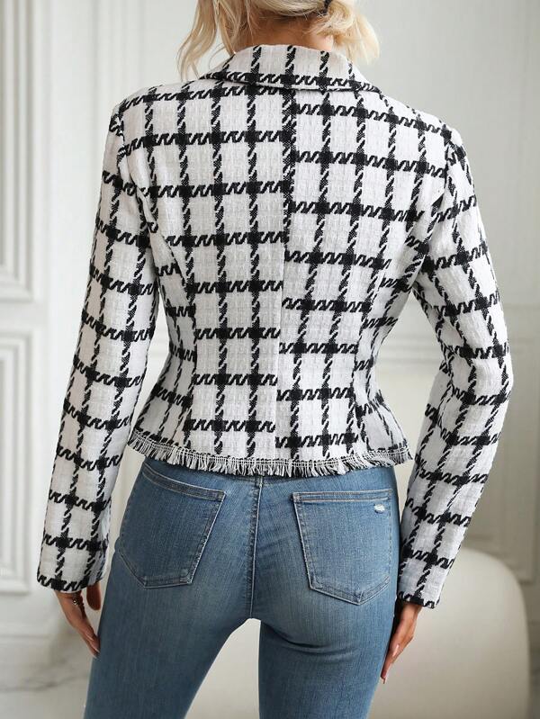 SHEIN Privé Plaid Pattern Raw Trim Tweed Blazer | SHEIN USA