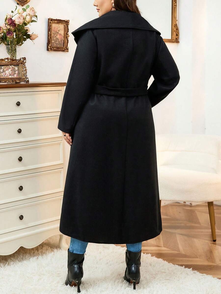Celure Plus Waterfall Collar Belted Overcoat Shein Usa
