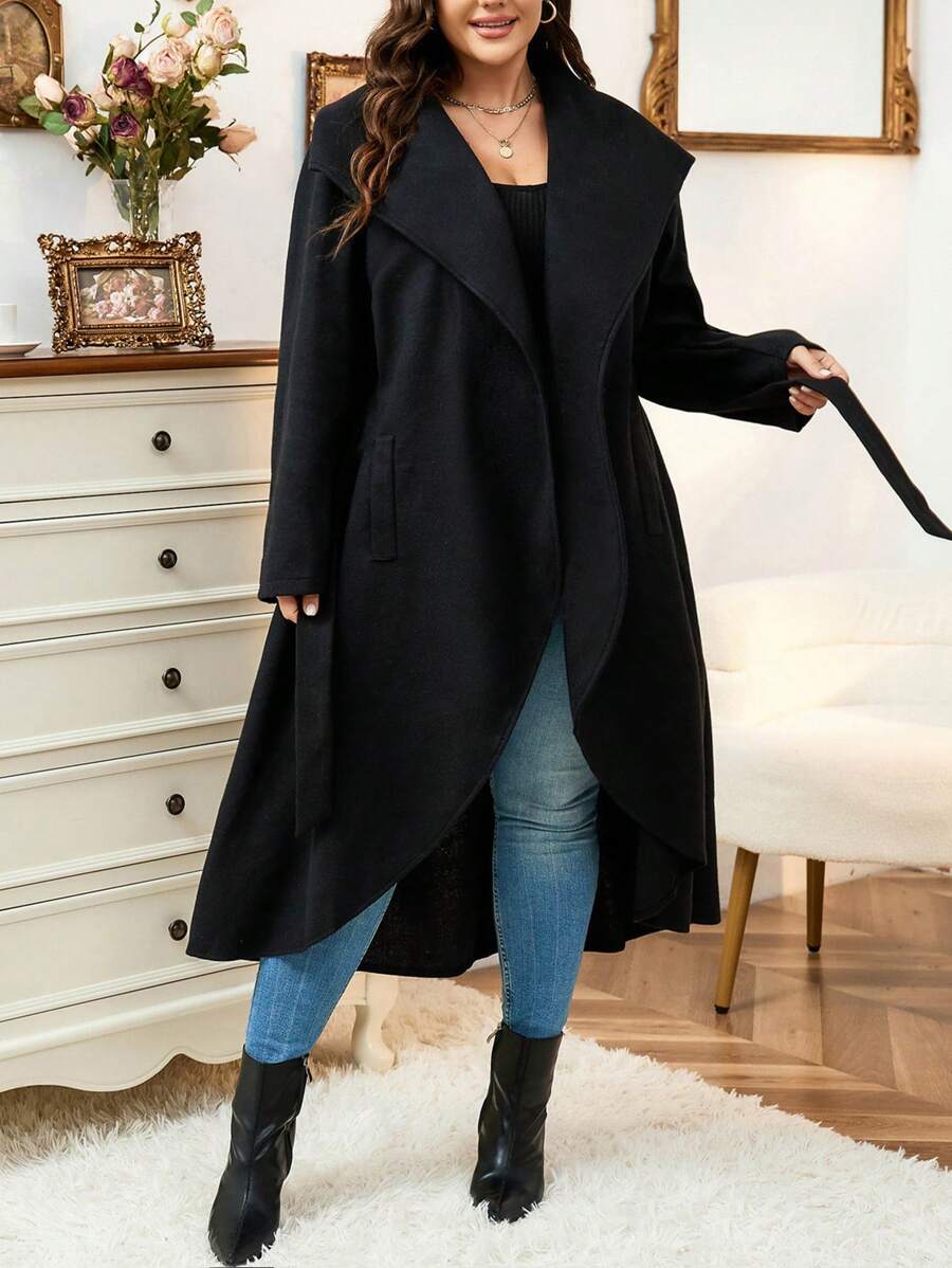 Celure Plus Waterfall Collar Belted Overcoat Shein Usa
