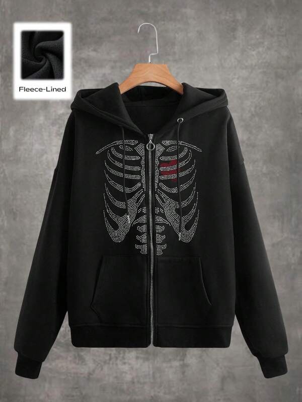Search Rhinestone Skeleton Hoodie | SHEIN USA