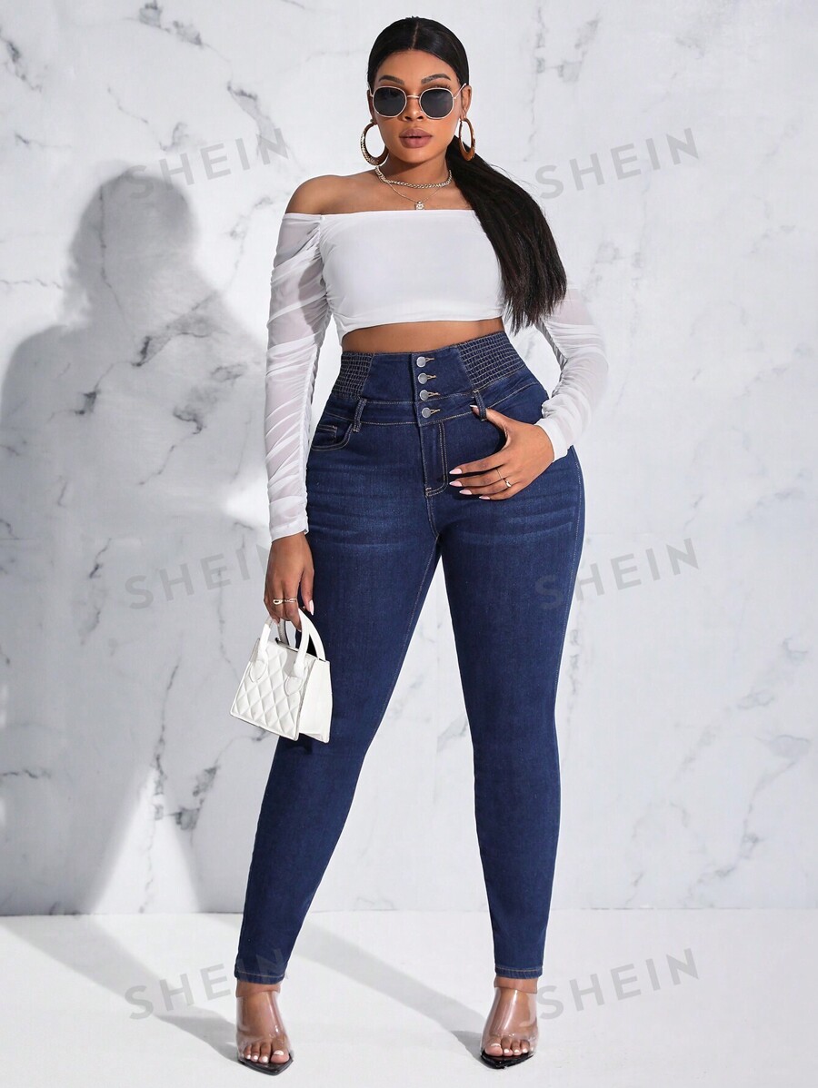 Shein Sxy Plus High Waist Button Fly Slant Pocket Skinny Jeans For Sale New Zealand New