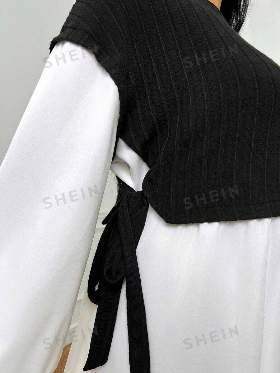 SHEIN CURVE+ Curve Plus Fall Women Clothes Two Tone Lantern Sleeve Knot ...