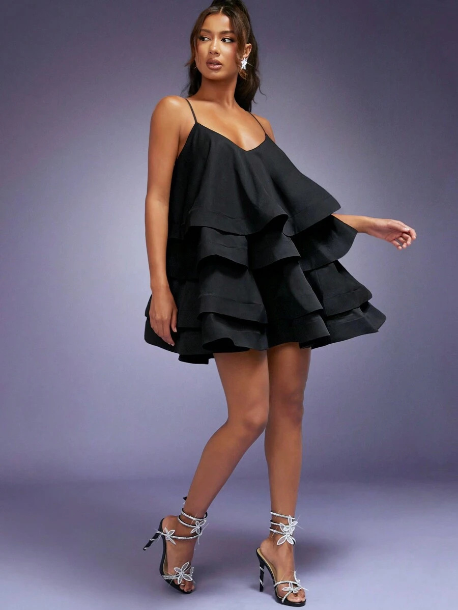 Hauture Solid Layered Exaggerated Ruffle Cami Dress | SHEIN USA