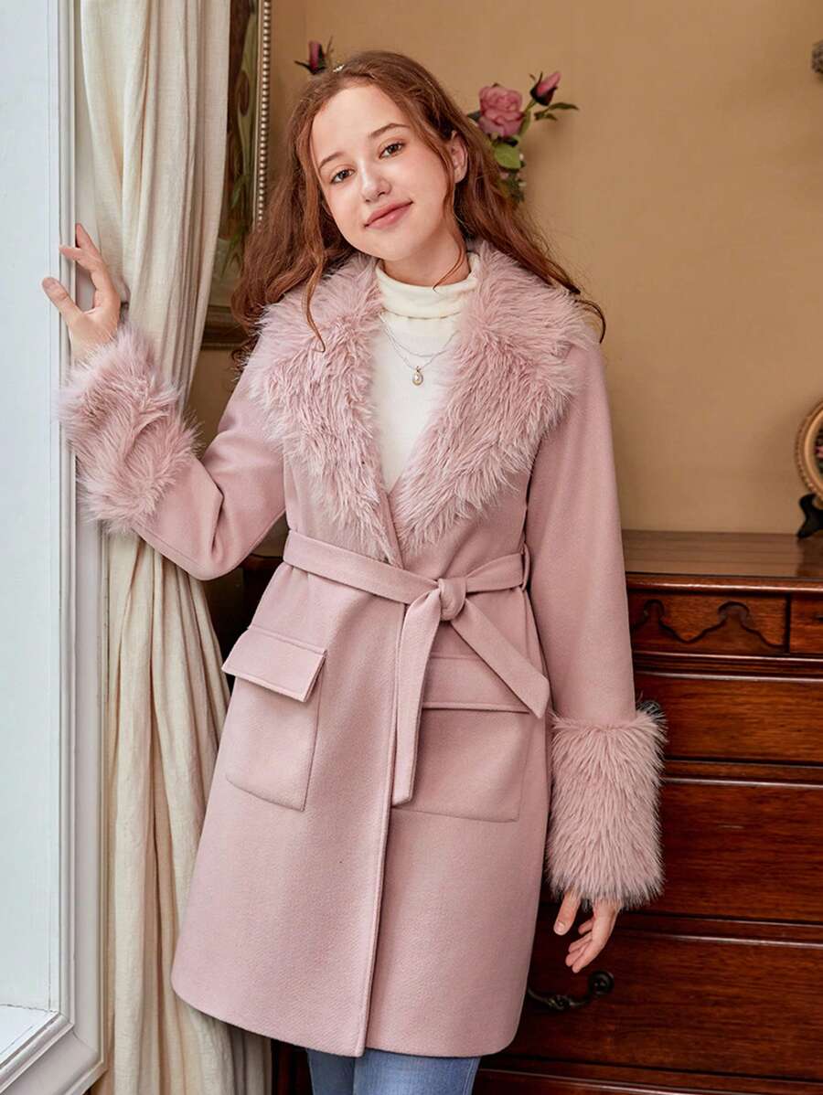 Teen Girl Fuzzy Collar Belted Overcoat | SHEIN USA
